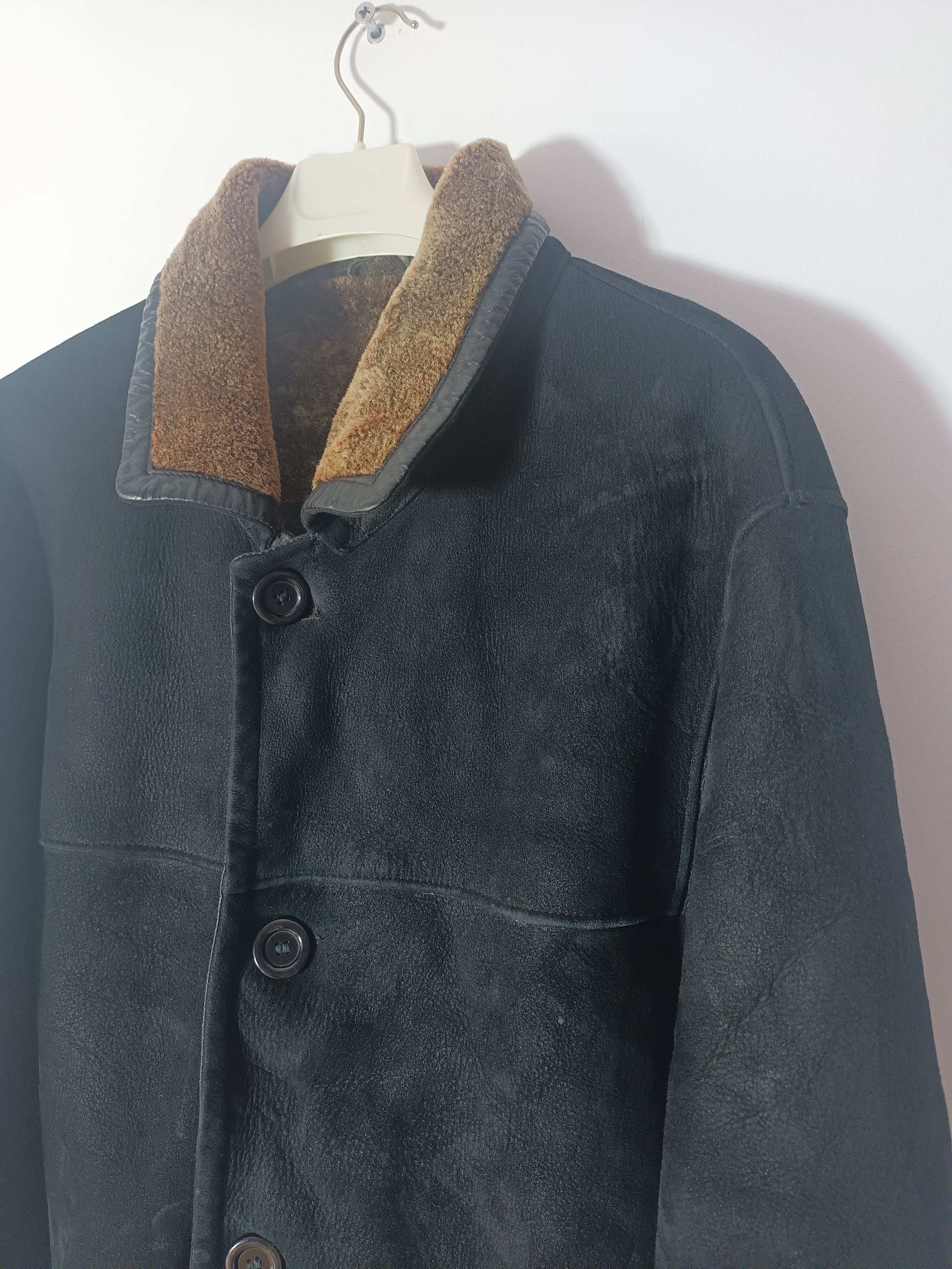 Vintage Men Black Shearling Sheepskin Leather Jacket Coat Size M Black Suede Winter Sheepskin ...