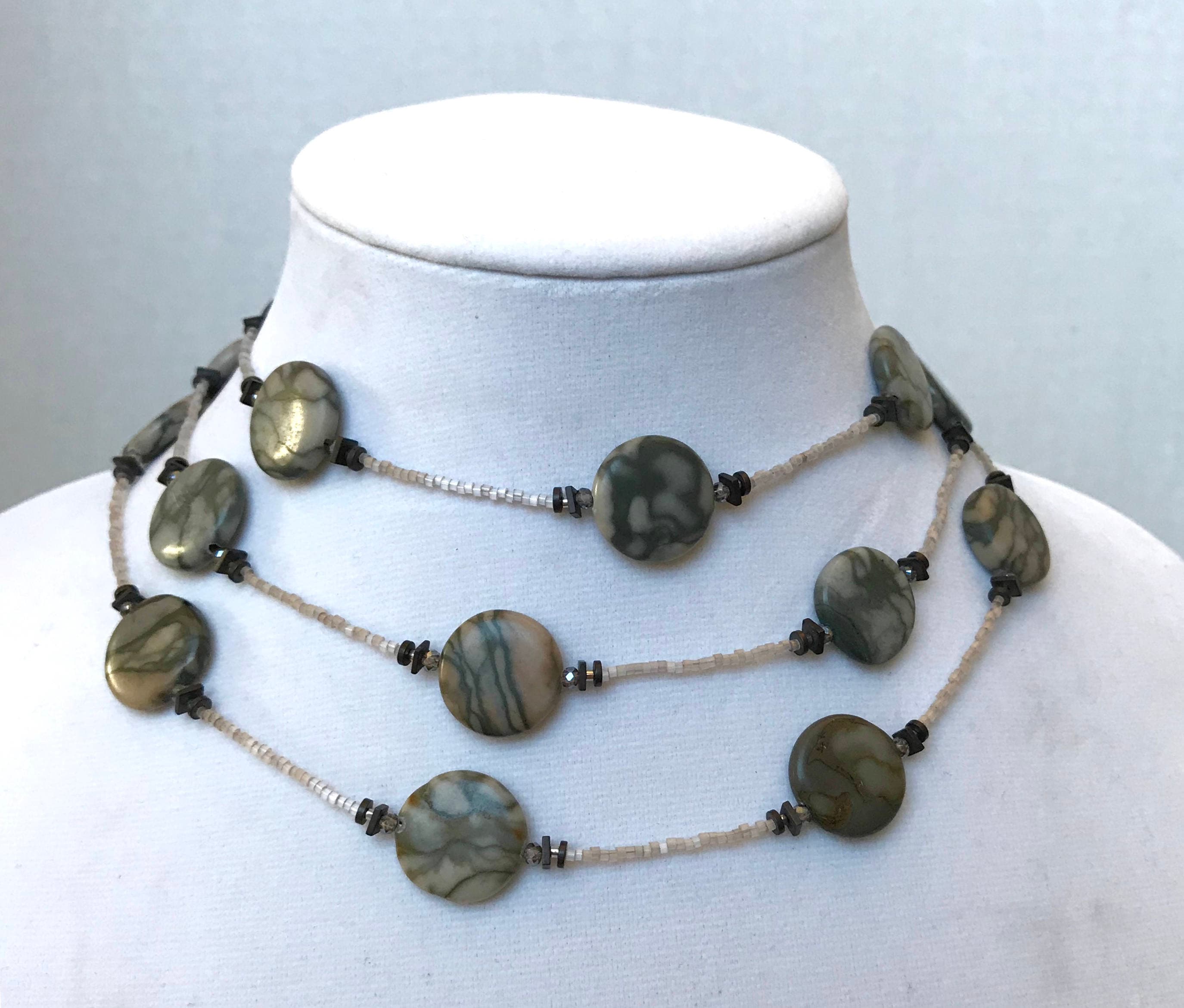 Grey Canyon Marble Hematite 24K White Gold and Czech Crystal - Etsy