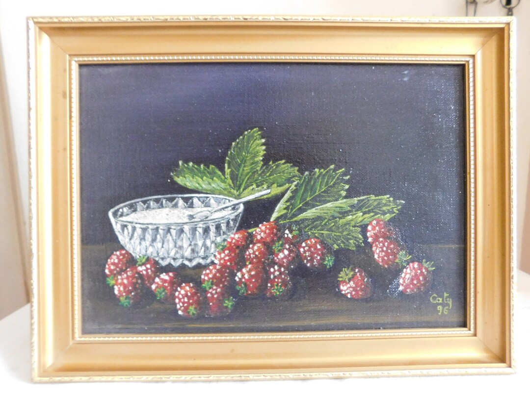 Anne Marie CATY 1938 Still Life gourmet Raspberries Small Oil on Canvas ...