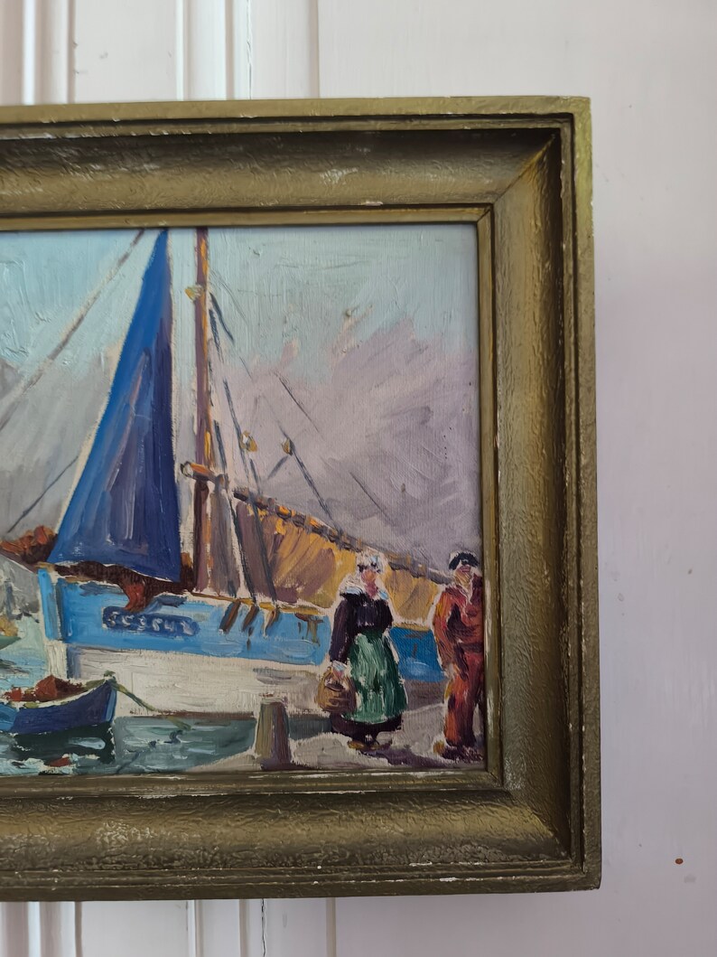 Pierre CARIO 1889 Oil on Animated Marine Canvas fishing Boats in Port ...