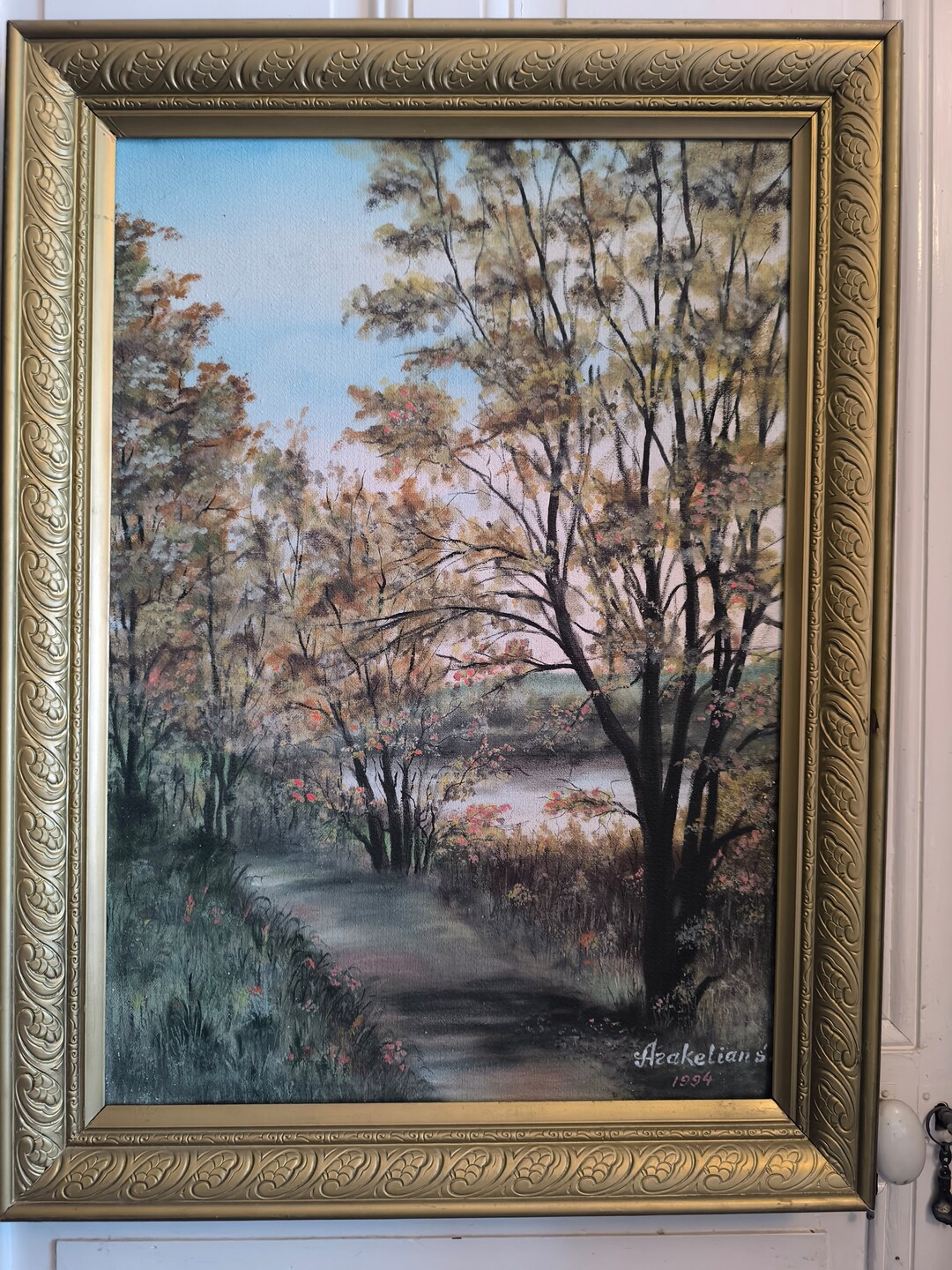 S. ARAKELIAN 20th Century Large Oil on Canvas lake Landscape and ...