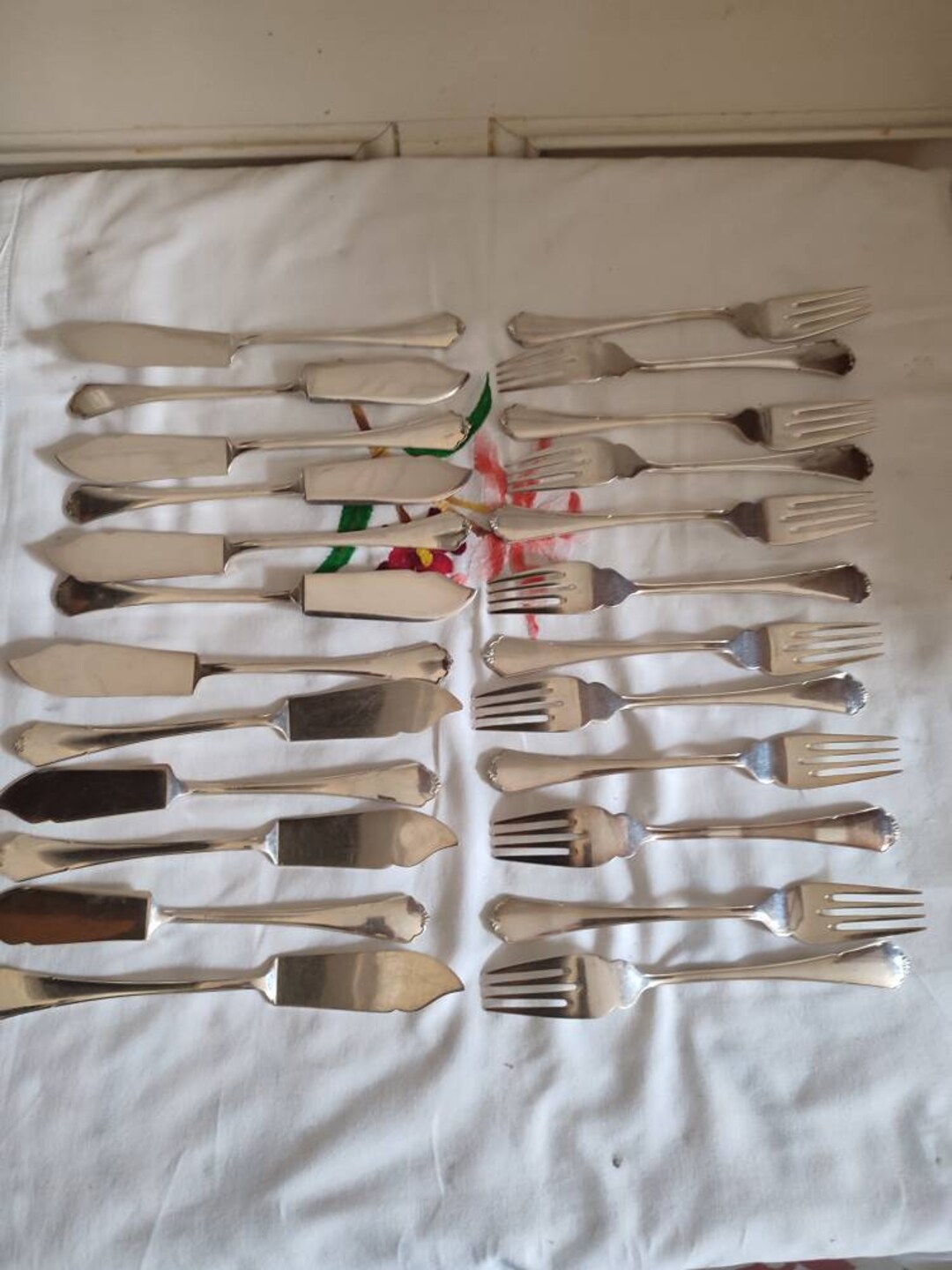 Suite of Twelve Forks and Twelve Fish Knives in Silver-plated Metal ...