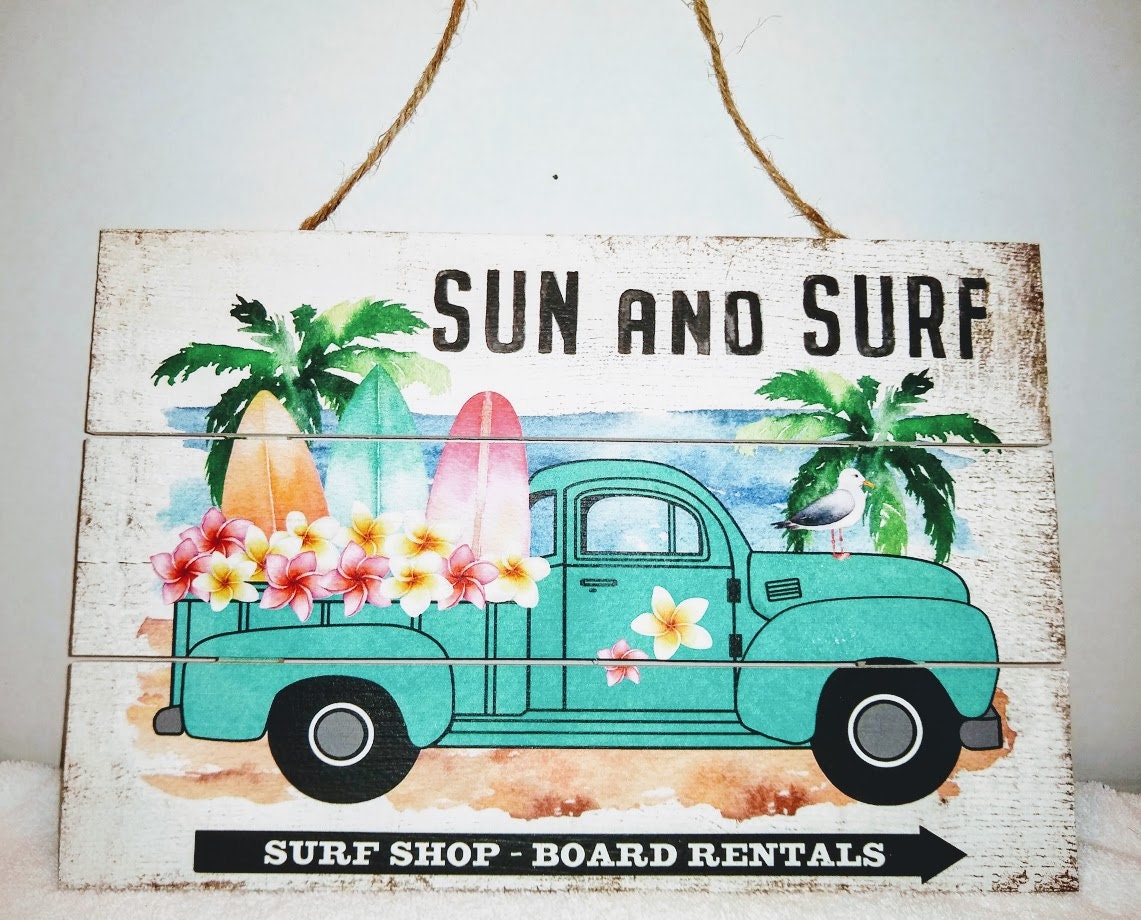 Sun and Surf Weathered Sign for Beach Wreaths, Surf Shop Sign for ...