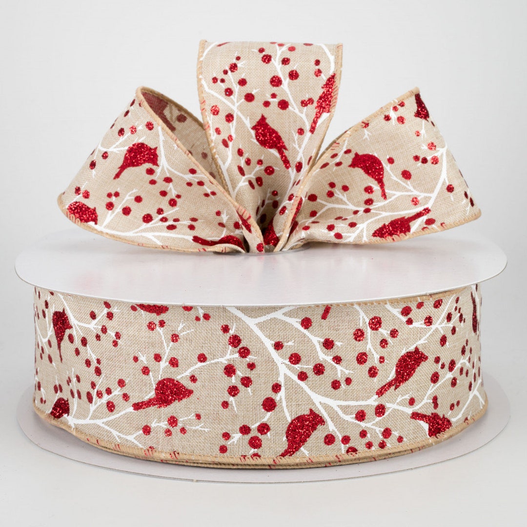 2.5 Glittered Cardinals on Branches Wired Ribbon Rustic Farmhouse ...