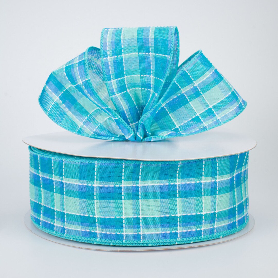 Spring Plaid Stitched Blue 2.5" Wired Ribbon, Spring Bow Making Ribbon ...