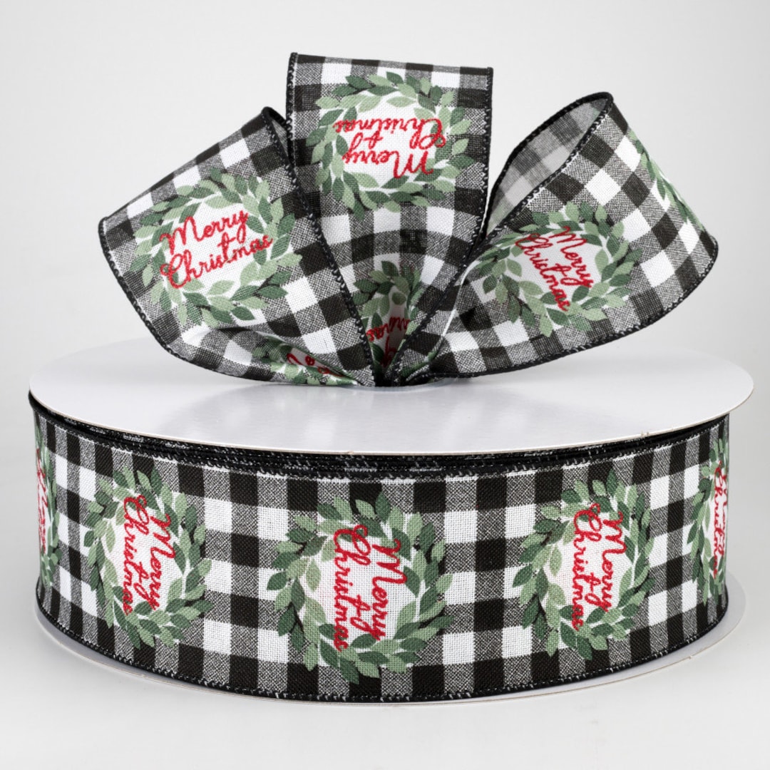 Buffalo Checked Black and White 2.5" Wired Ribbon, Merry Christmas ...