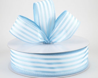 2.5" Blue on White Satin Cabana Stripes Wired Ribbon, Baby Boy Shower ...
