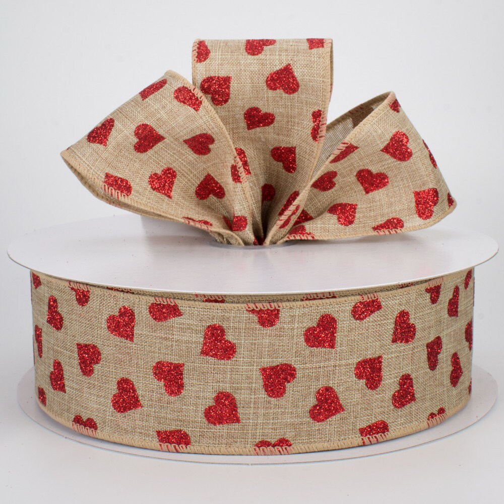 2.5 Glitter Hearts Ribbon Red on Natural Wired Ribbon - Etsy
