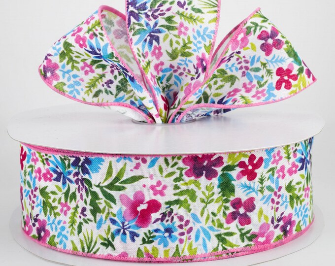 2.5 Watercolor Flowers Wired Ribbon, Multicolor Spring Bow Making Wired ...