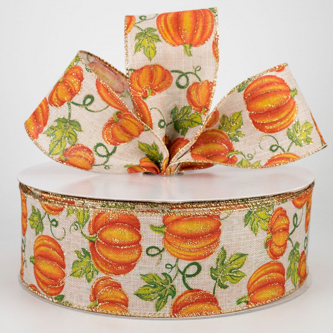 Natural Glitter Orange Pumpkin 2.5" Wired Ribbon, Pumpkin Wreath, Fall ...