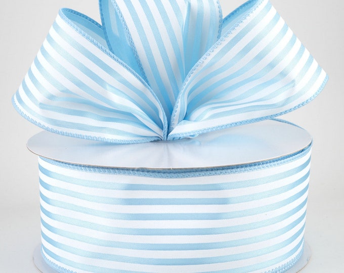 2.5" Blue on White Satin Cabana Stripes Wired Ribbon, Baby Boy Shower ...