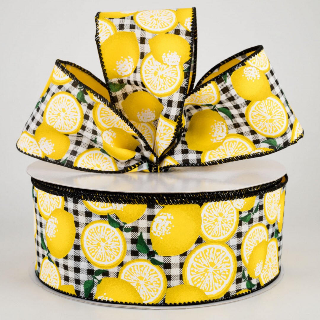 2.5 Yellow Lemons on Gingham Black and White Buffalo Checked Wired ...