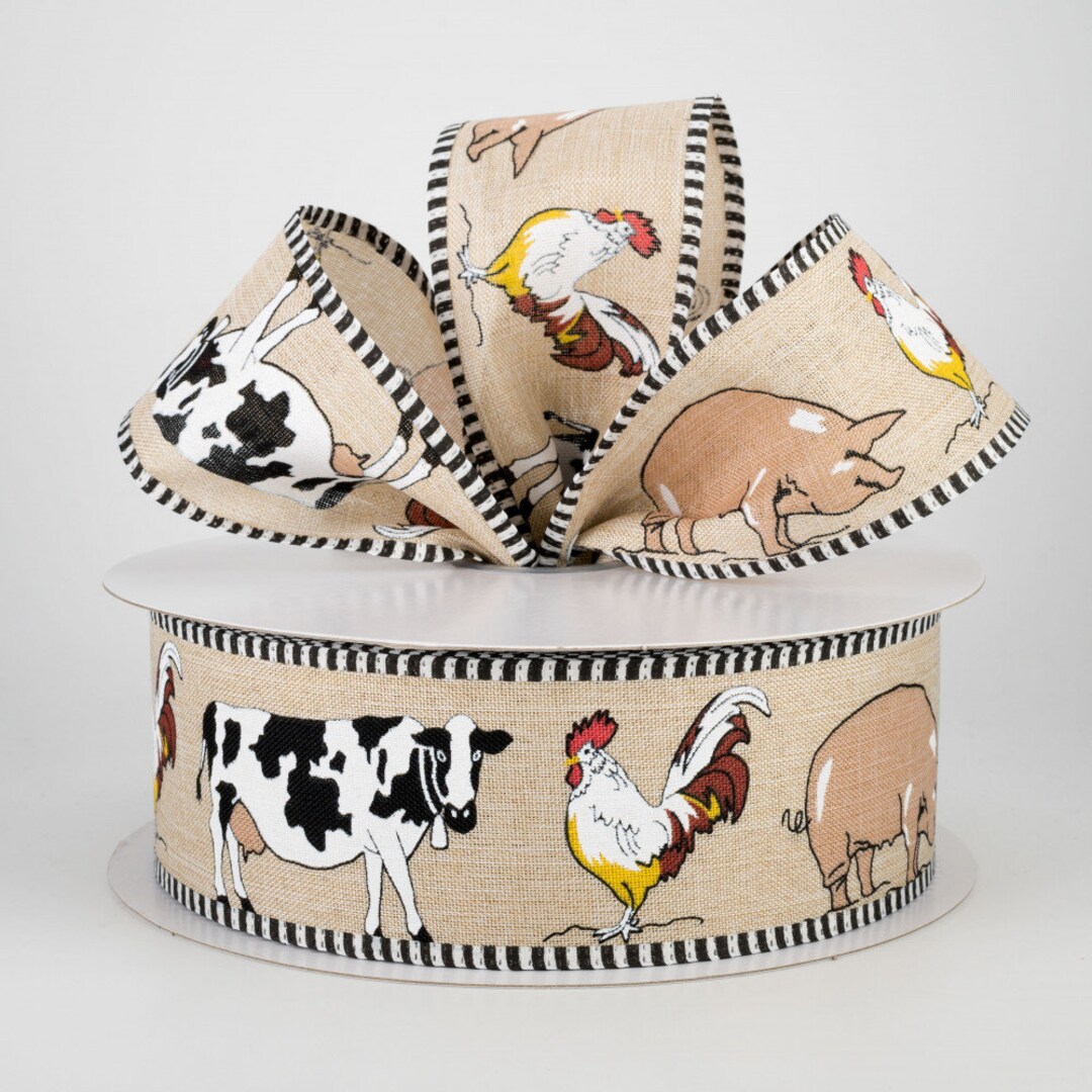 Cow, Pig and Rooster 2.5 Wired Ribbon, Farmhouse Bow Ribbon, Wreath and ...
