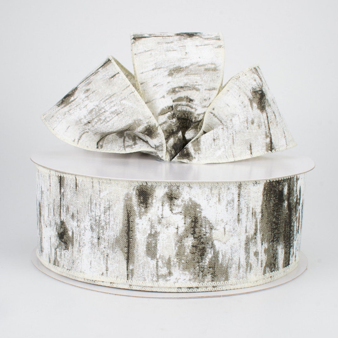 2.5" Birch Tree Canvas Wired Ribbon 5 YARDS, Winter White Gray Tree ...