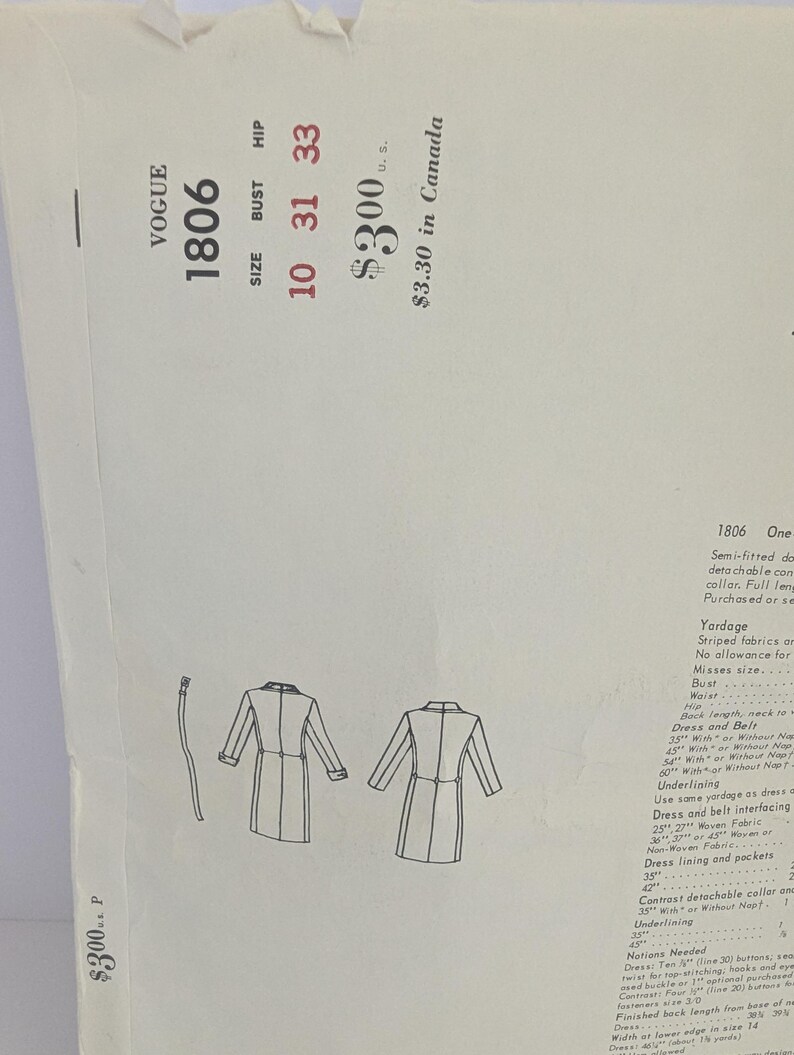 Vogue Paris Original Sewing Pattern #1806 by Yves Saint Laurent - One ...