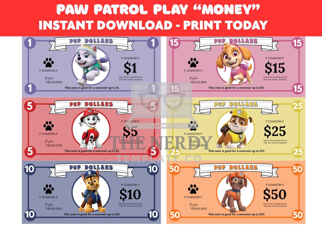 Paw Patrol Play Money: Kids Party Favor (digital Print - Instant ...