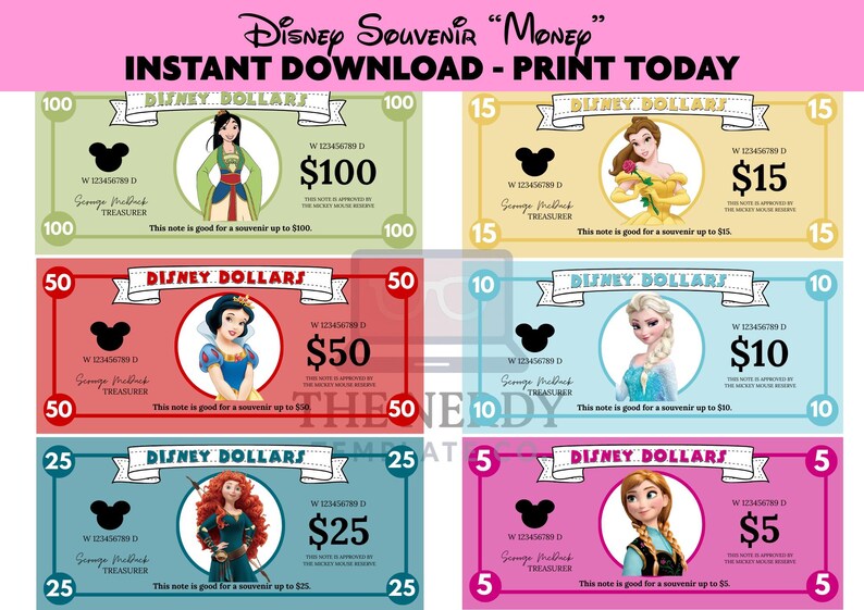Printable Princess 2 Disneyland Play Money Spending Kids Disney World ...