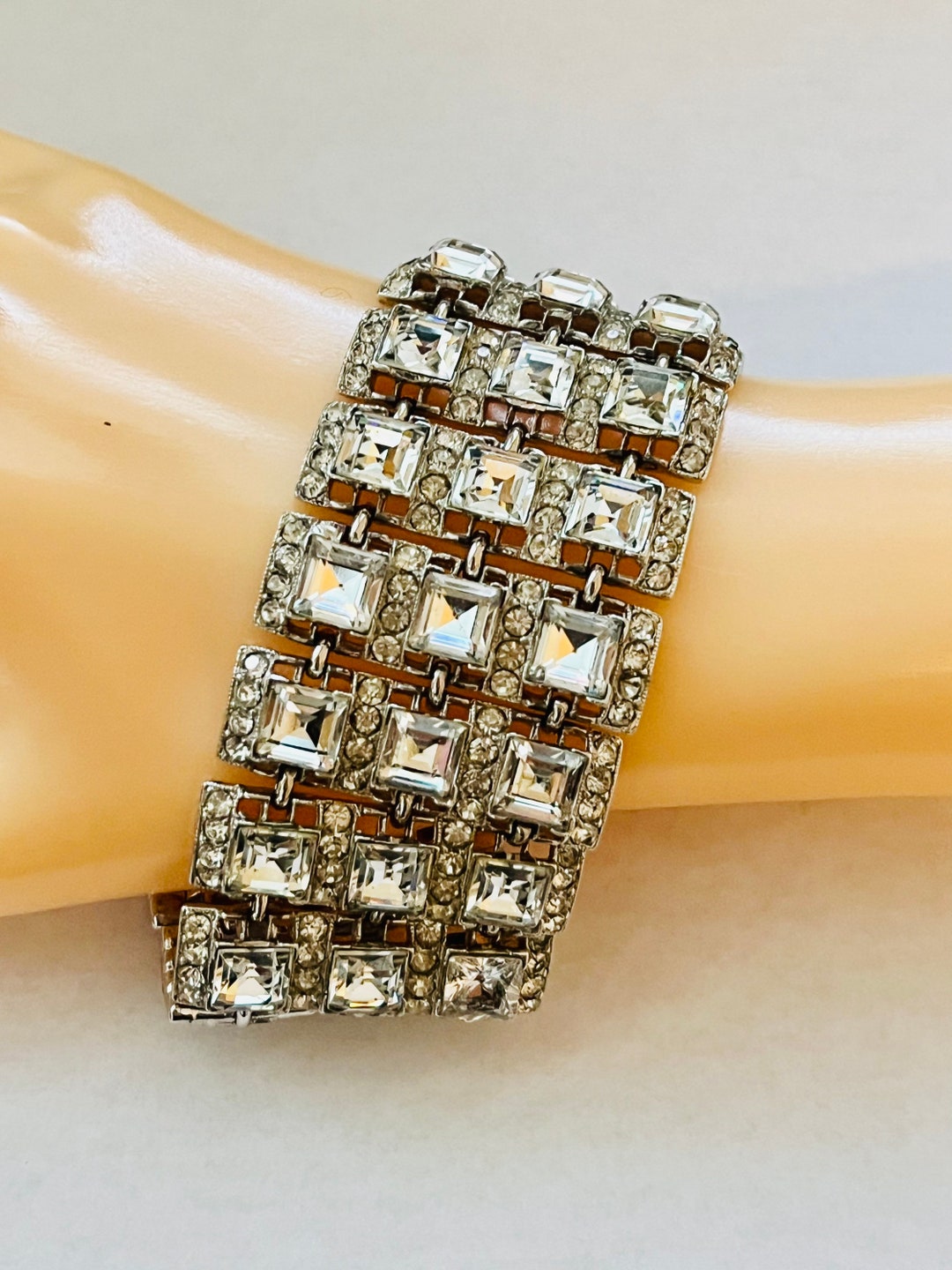 Vintage Henry Bogoff Emerald Cut Triple Row Rhinestone Rhodium Tennis ...