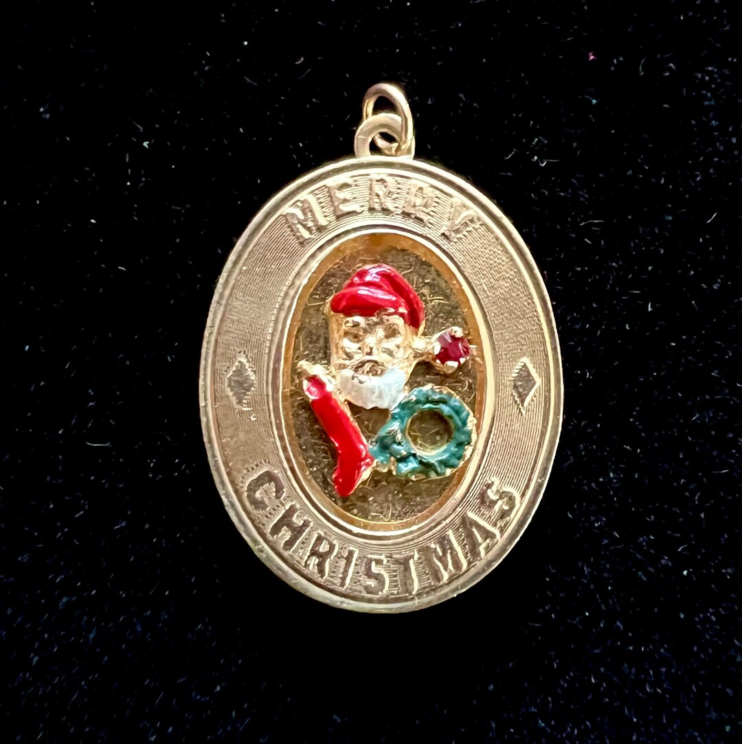 Vintage 14k Gold Enamel Santa Claus Merry Christmas 3D Shadow Box Charm ...