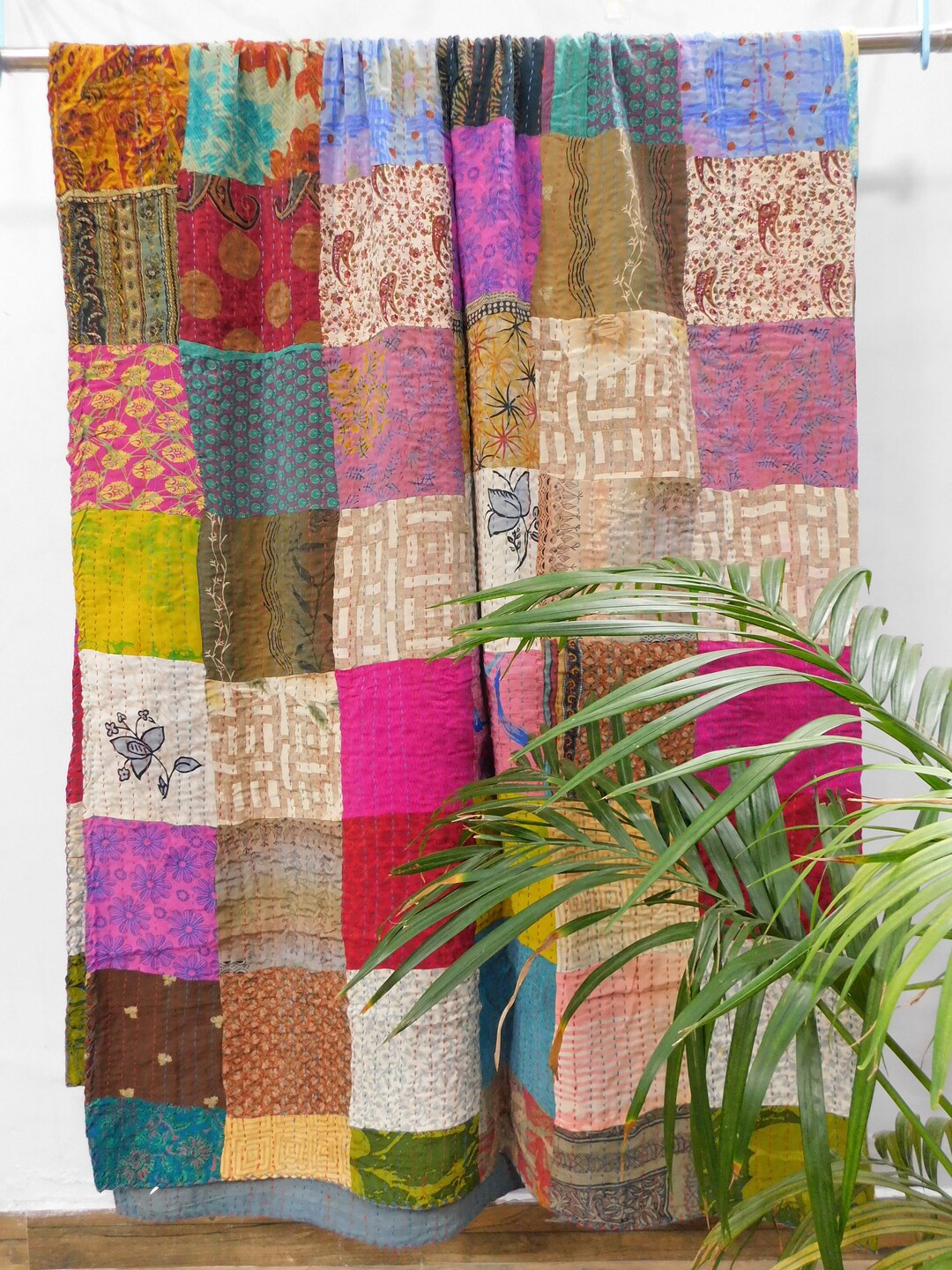 Silk Patchwork Quilt, Silk Kantha Blanket, Silk Reversible Ralli ...