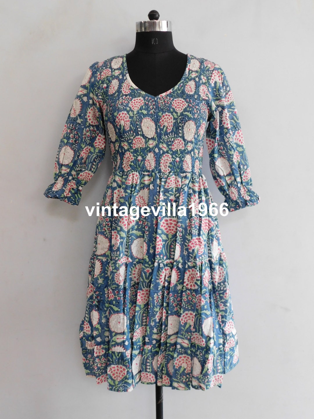 Blue Floral Print Dress, Cotton Block Print Dresses Tunic, Smocking ...