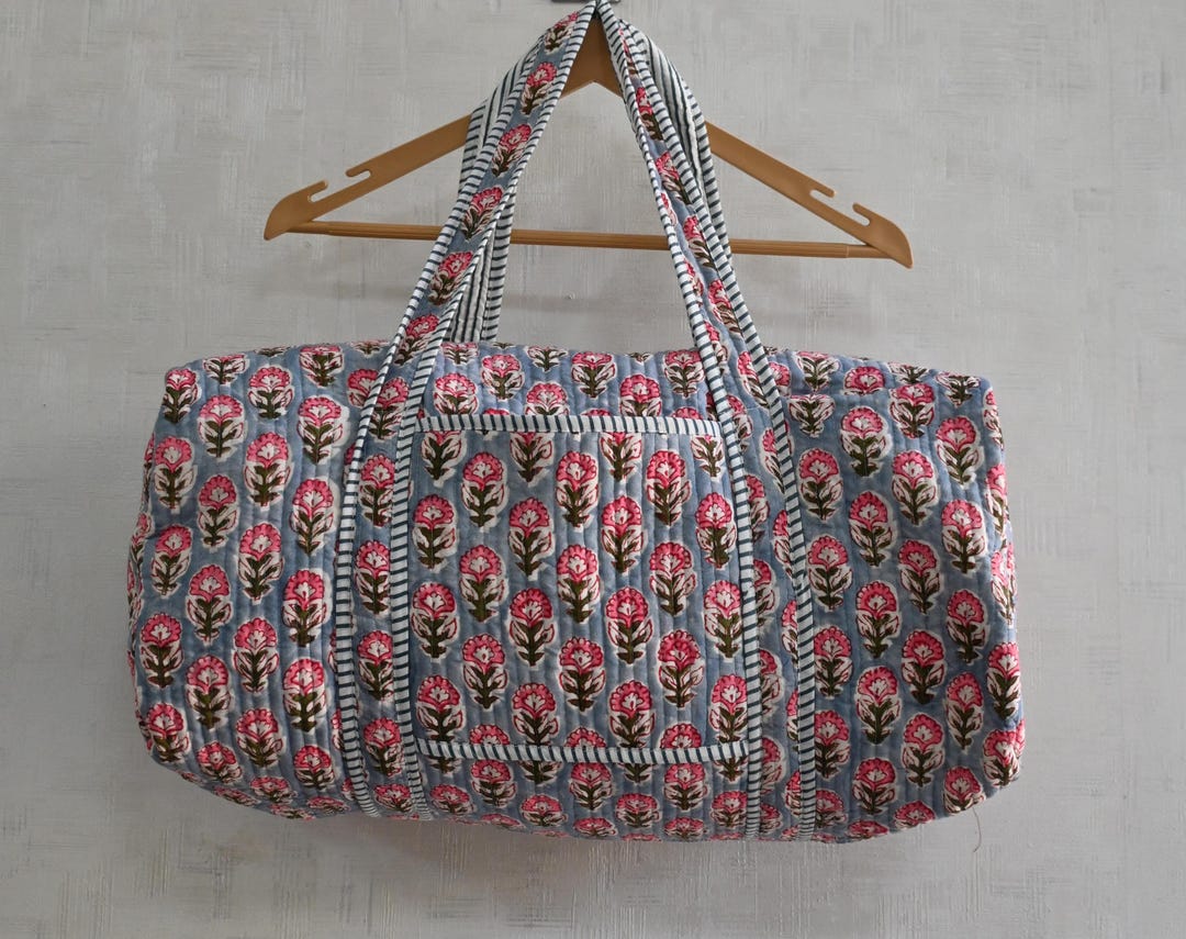 Block Print Cotton Bags for Women: Handmade Blue Buti Duffle Gym Bag - Etsy