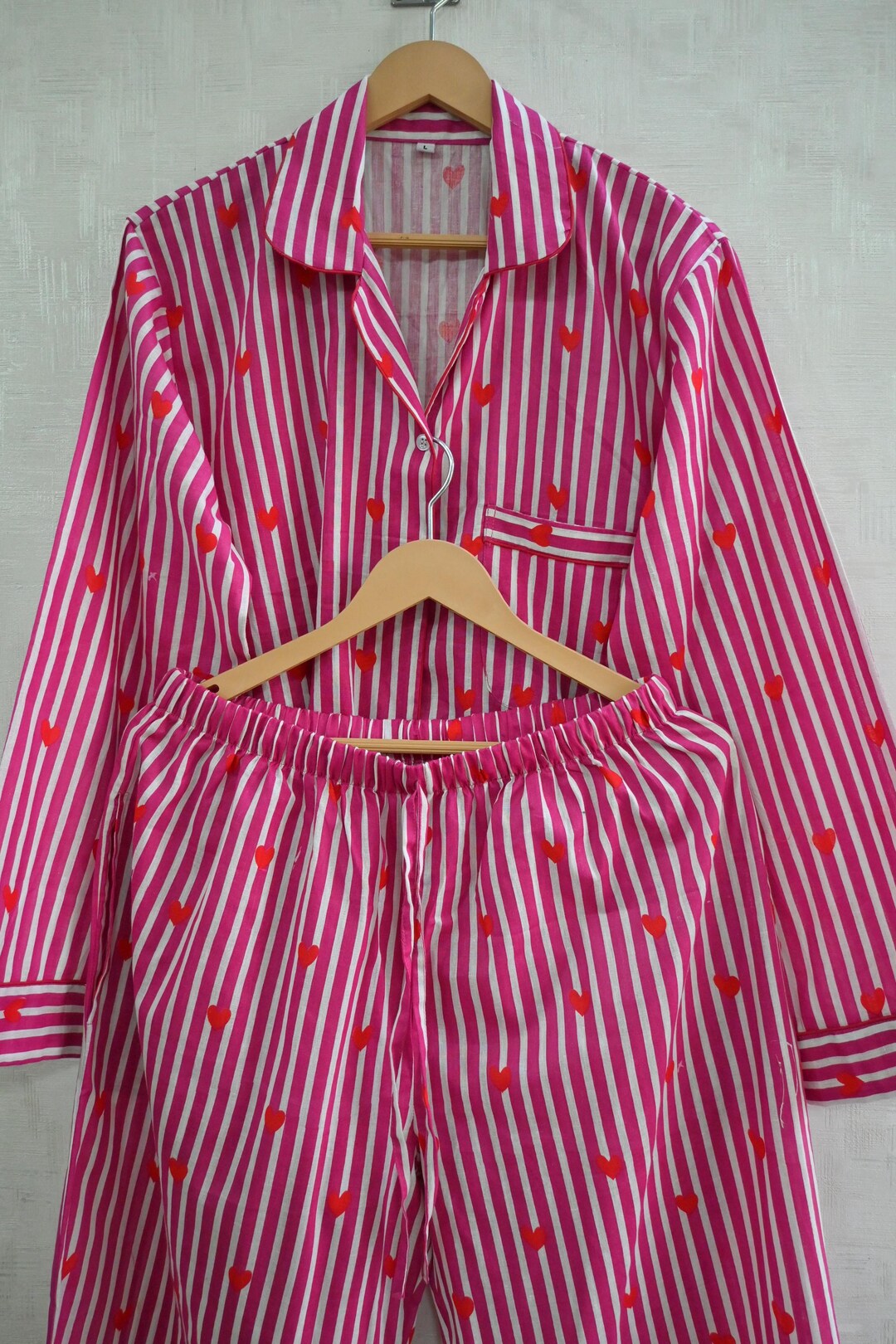 Pink Heart Design Pajama Set: Women Wear Long Pj's Cotton Pj Sets for ...