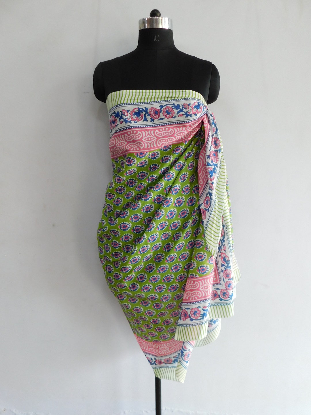 Green sarong , cotton handmade pareo , cotton boho scarf, neck head ...