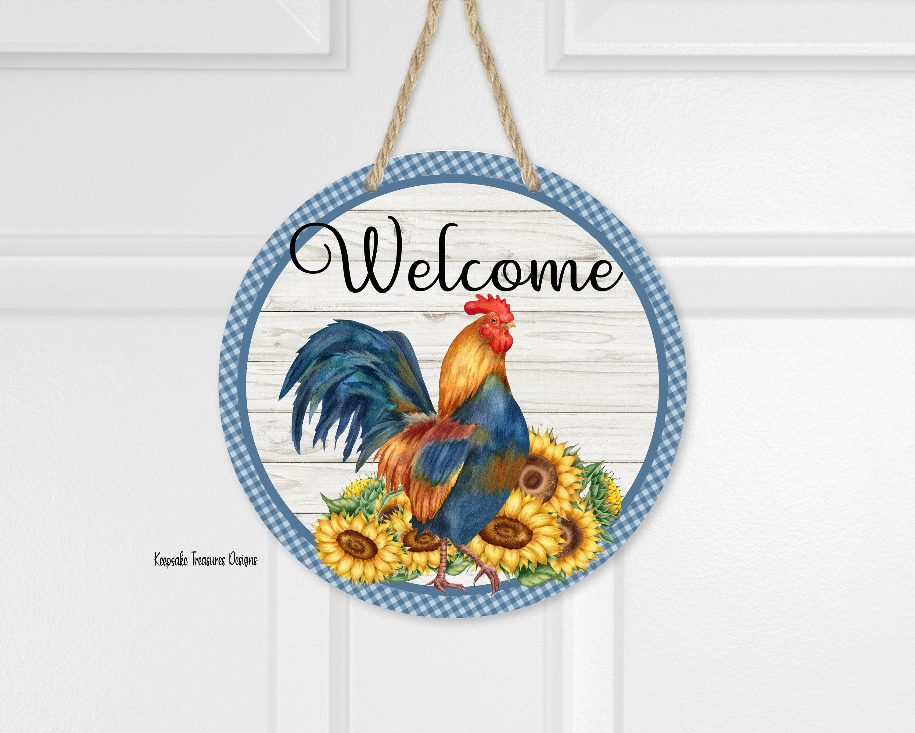 Welcome Sunflower Rooster Blue Gingham Door Hanger - Etsy