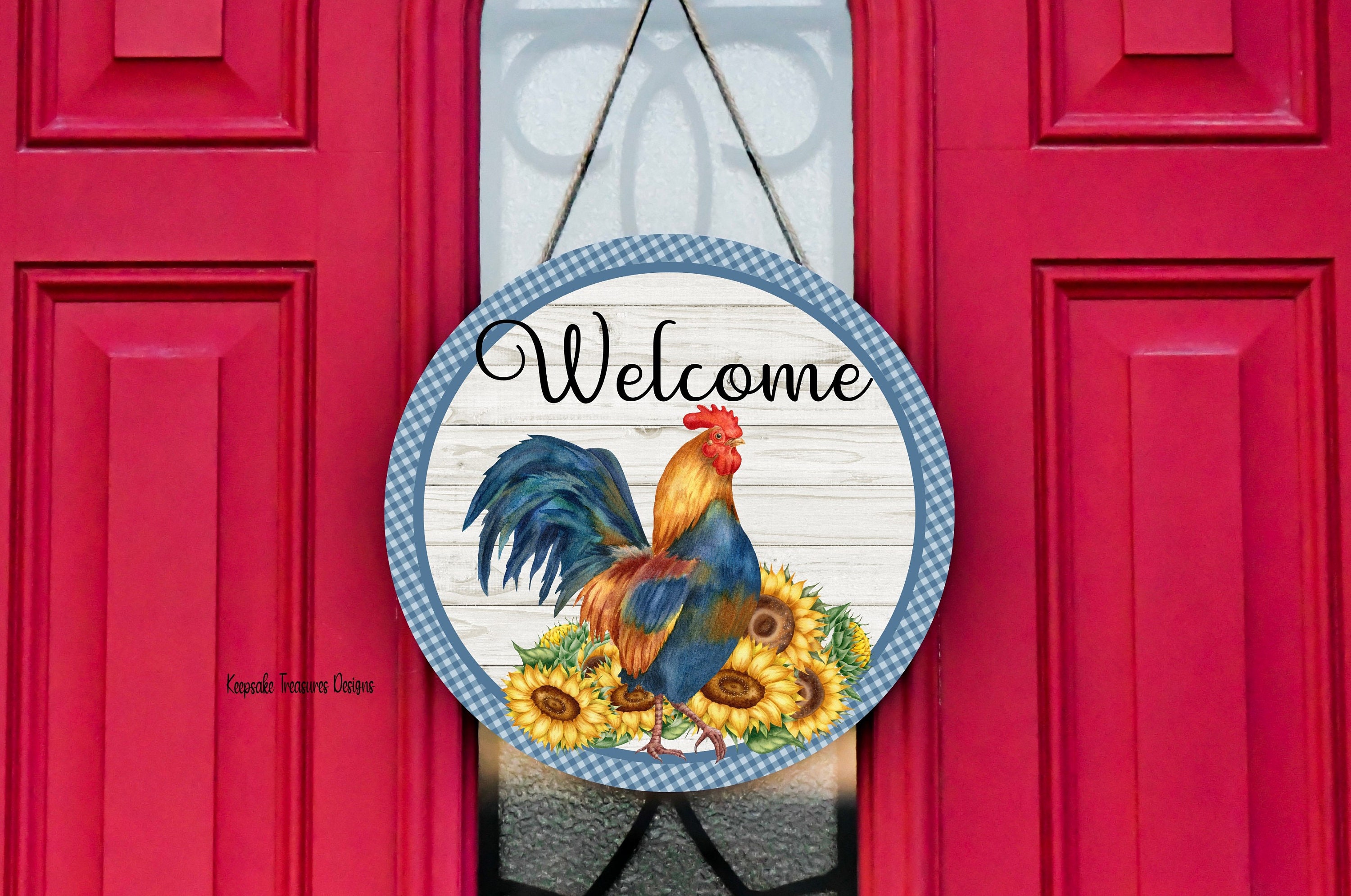 Welcome Sunflower Rooster Blue Gingham Door Hanger - Etsy