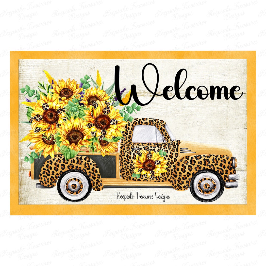 Sublimation Door Mat Template, Welcome Leopard Truck, Sunflowers, PNG ...