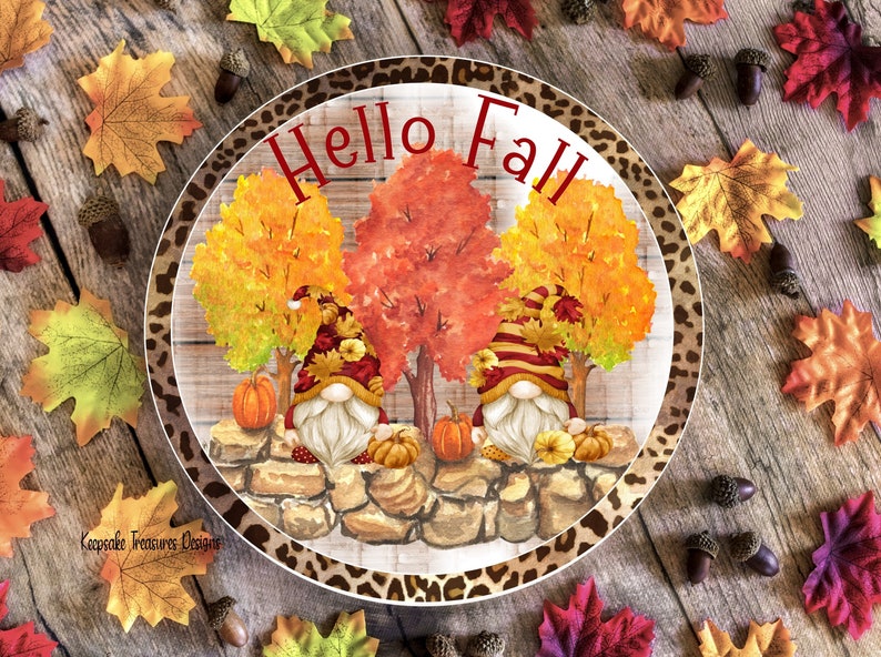 Hello Fall Gnome Leopard Background Door Hanger Template - Etsy