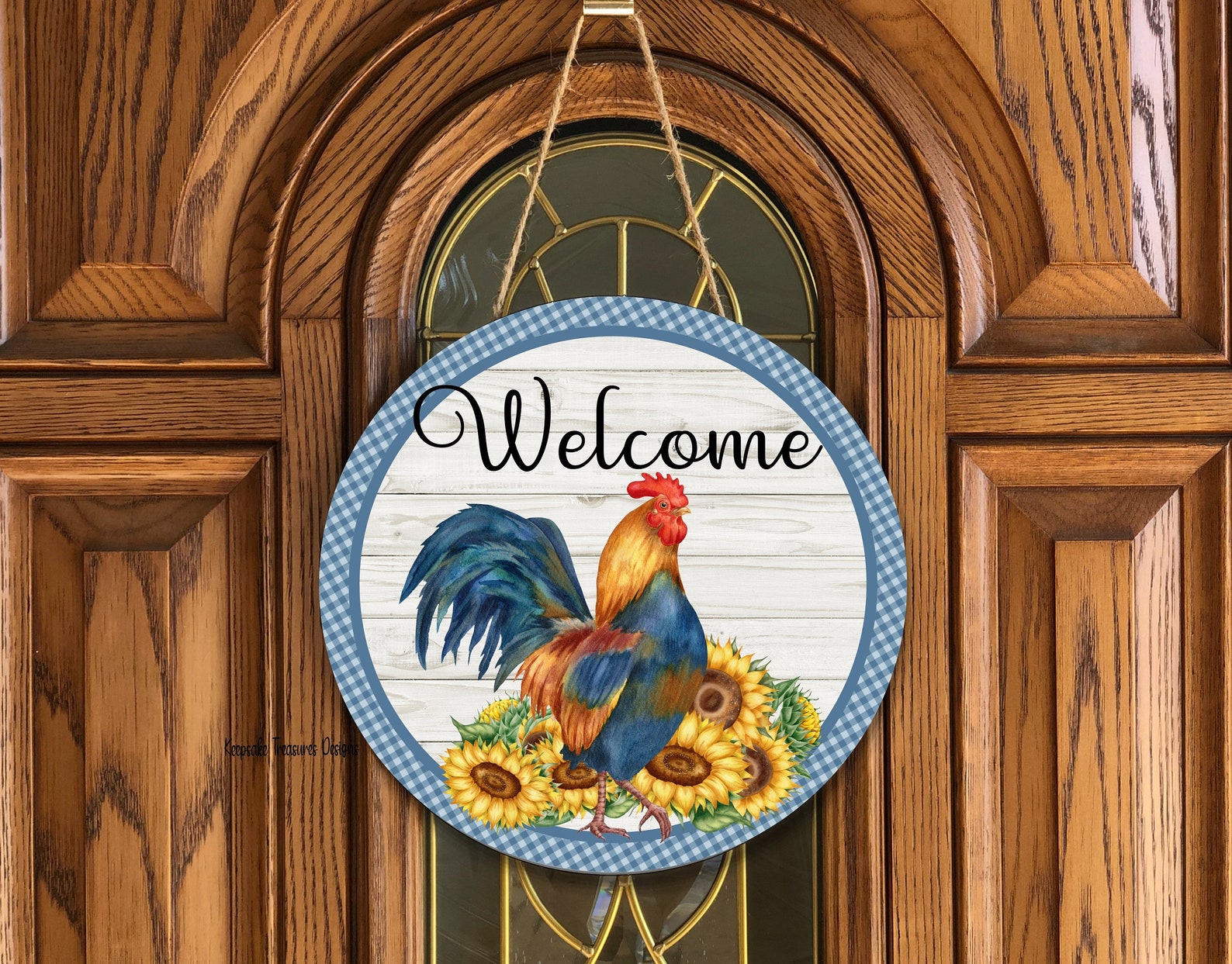 Welcome Sunflower Rooster Blue Gingham Door Hanger - Etsy