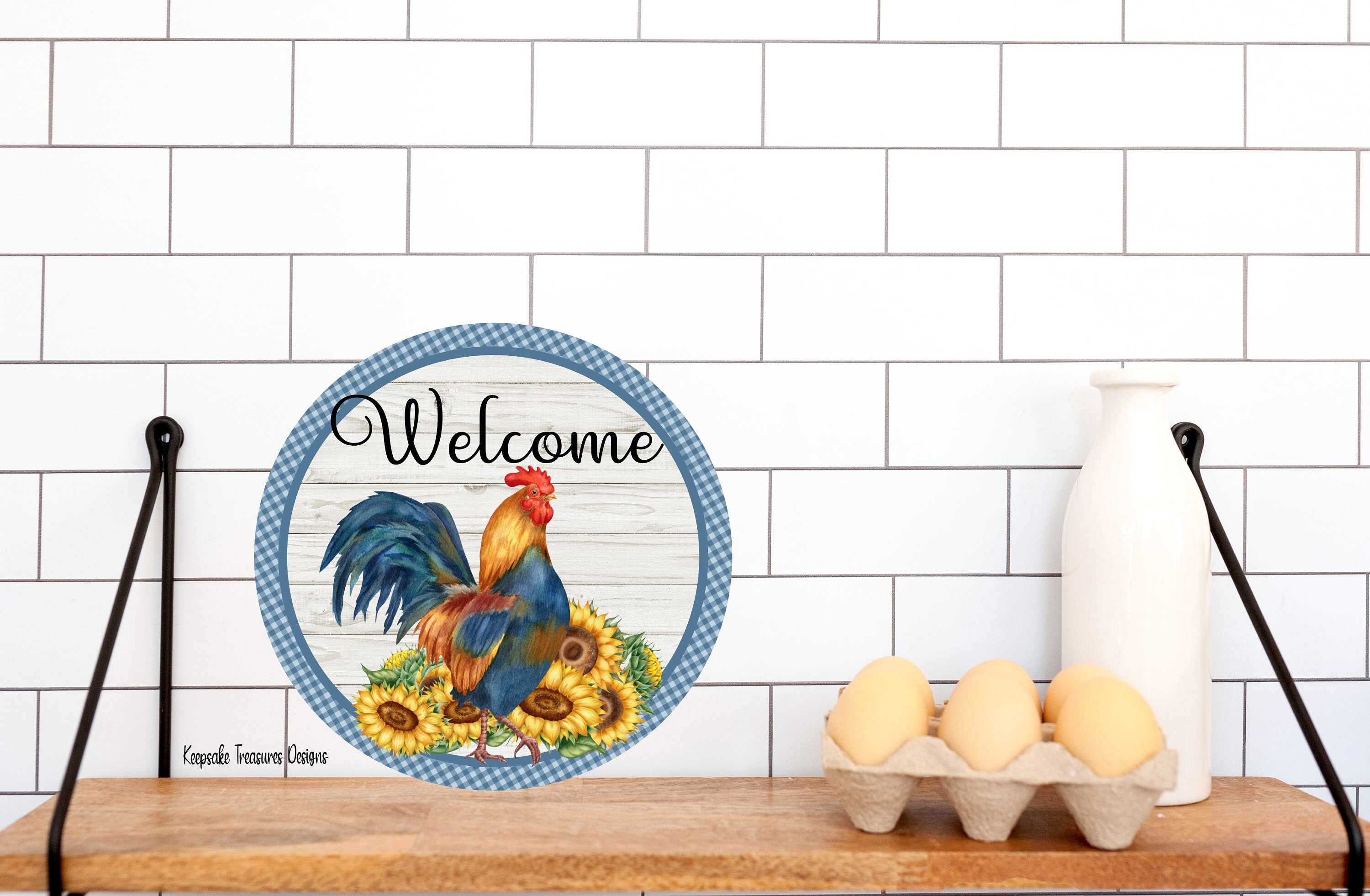 Welcome Sunflower Rooster Blue Gingham Door Hanger - Etsy