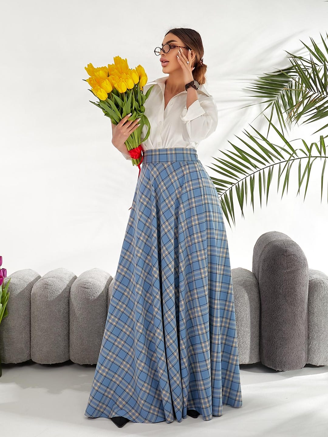 Light Blue Tartan Long Skirt Long Plaid Maxi Skirt Maxi Skirt With ...