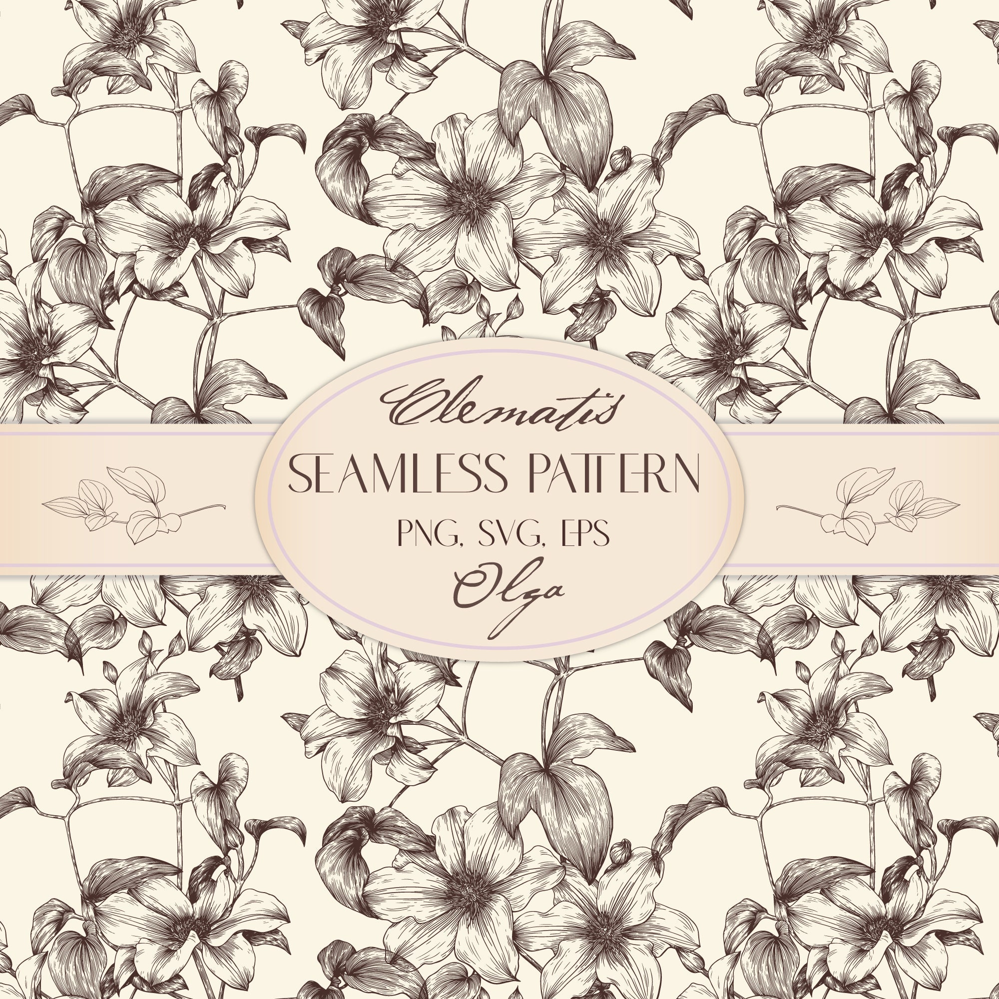 Floral Seamless Pattern EPS SVG PNG, Vintage Clematis Flowers in Brown ...