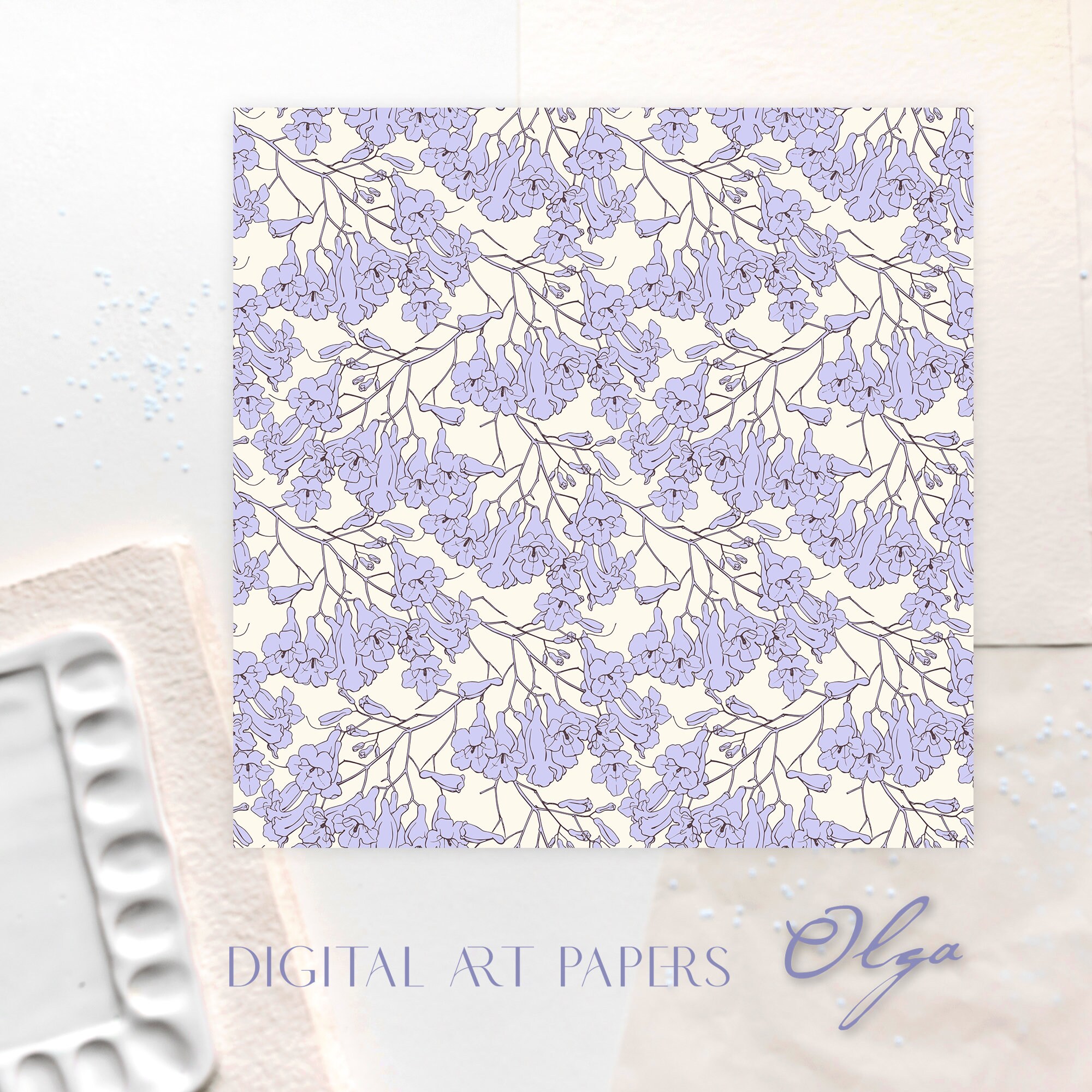 Jacaranda Flowers Vintage Seamless Pattern , Vector SVG, PNG in Purple ...