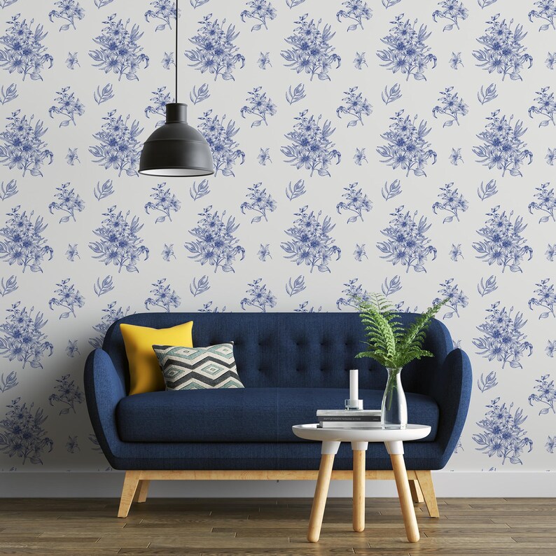 Blue Toile Art Seamless Pattern, EPS SVG PNG, Clematis Flowers Blossom ...