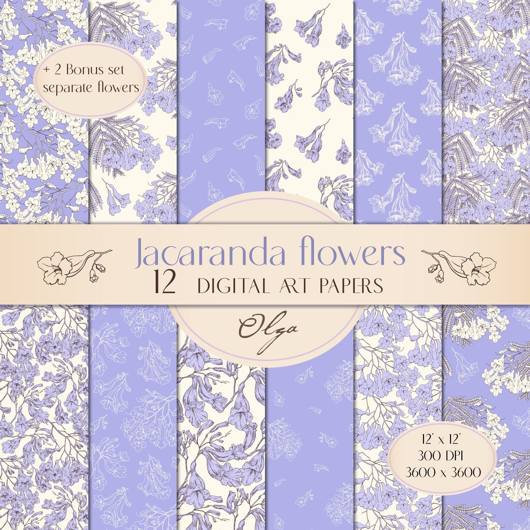 Vintage Jacaranda Flower Digital Paper: Purple & Beige Floral Patterns ...