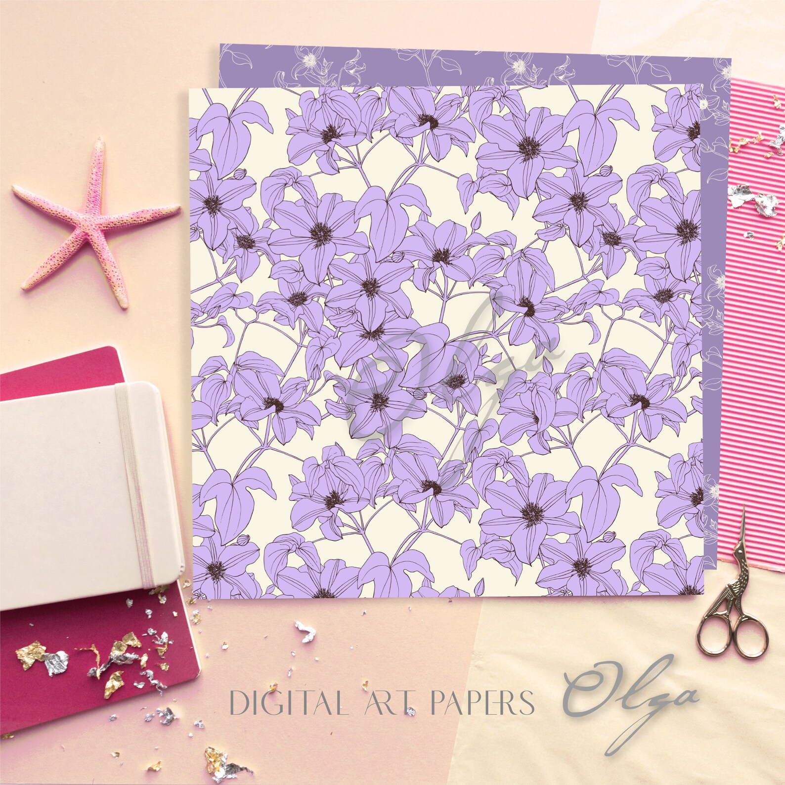 Vintage Clematis Floral Digital Paper: Purple & Beige Scrapbook ...