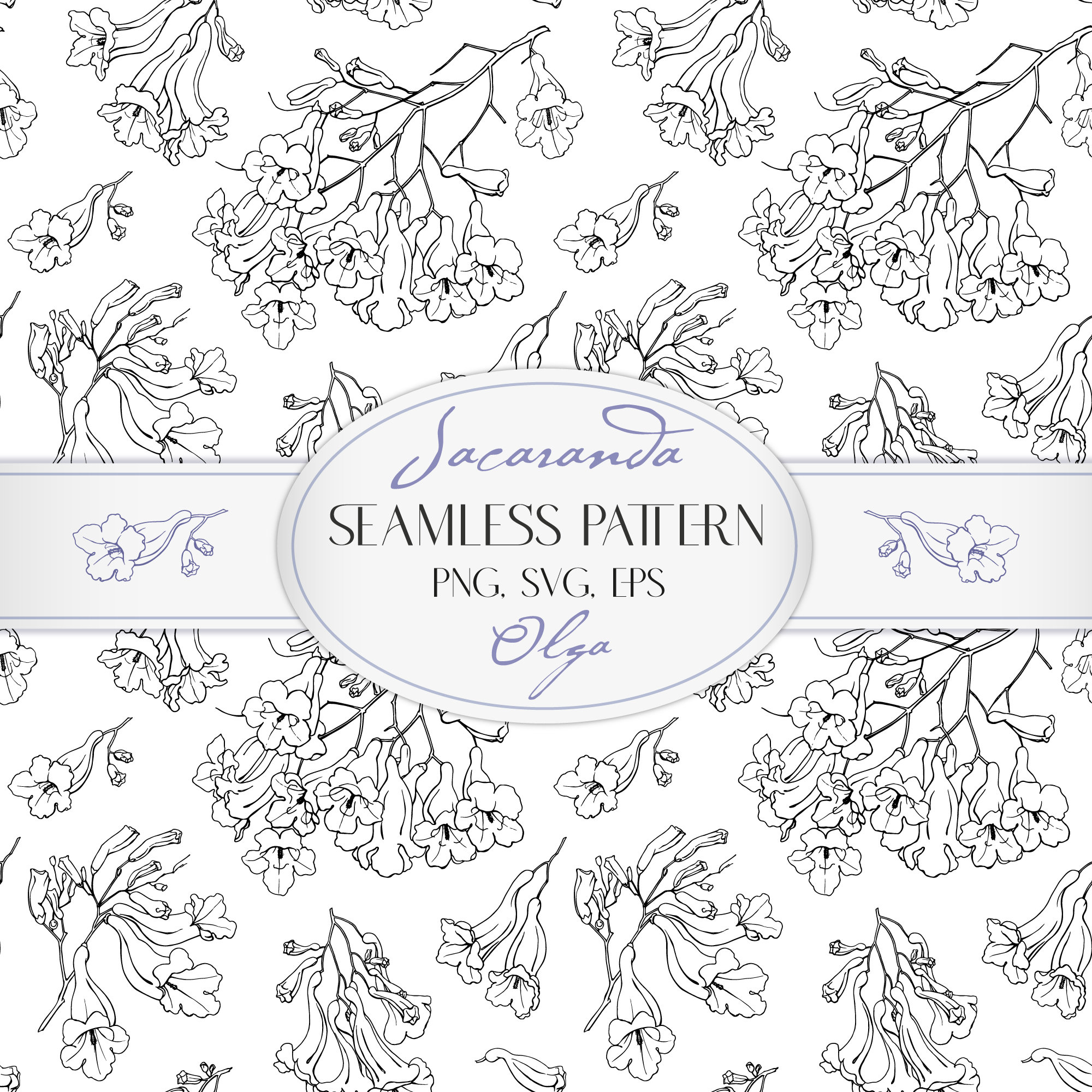Seamless Pattern Line Art Flowers Jacaranda Black and White. Vector ...