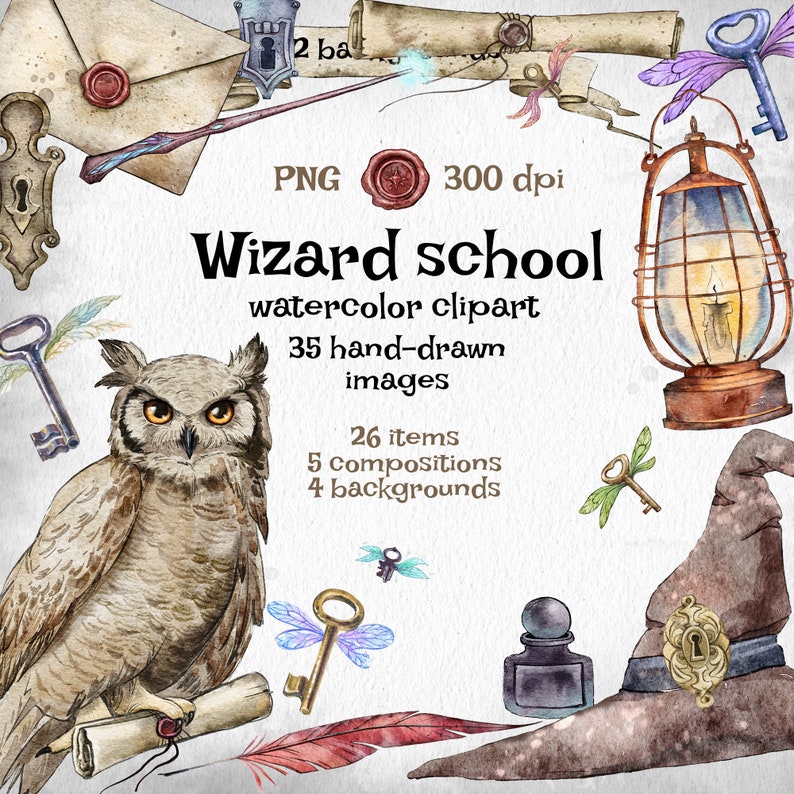 Wizard School Watercolor Digital Clipart Set, Instant Download, 35 PNG ...