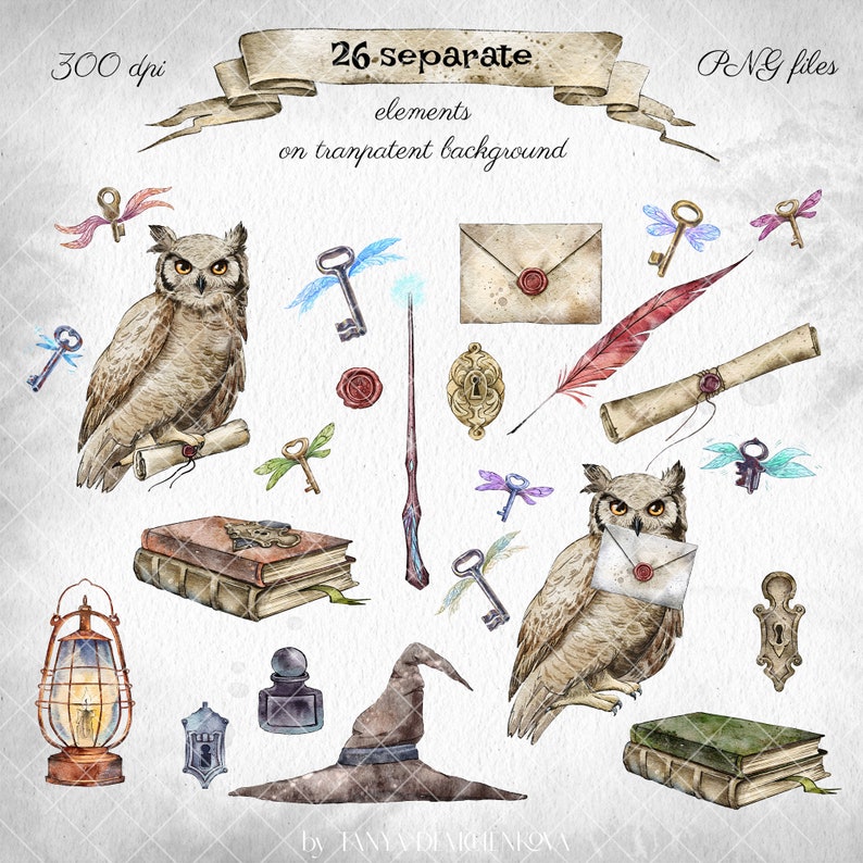 Wizard School Watercolor Digital Clipart Set, Instant Download, 35 PNG ...