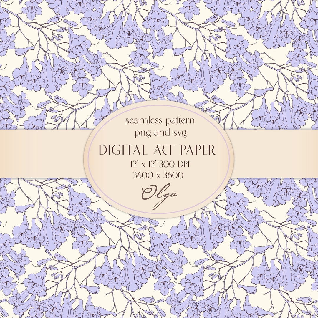 Jacaranda Flowers Vintage Seamless Pattern , Vector SVG, PNG in Purple ...