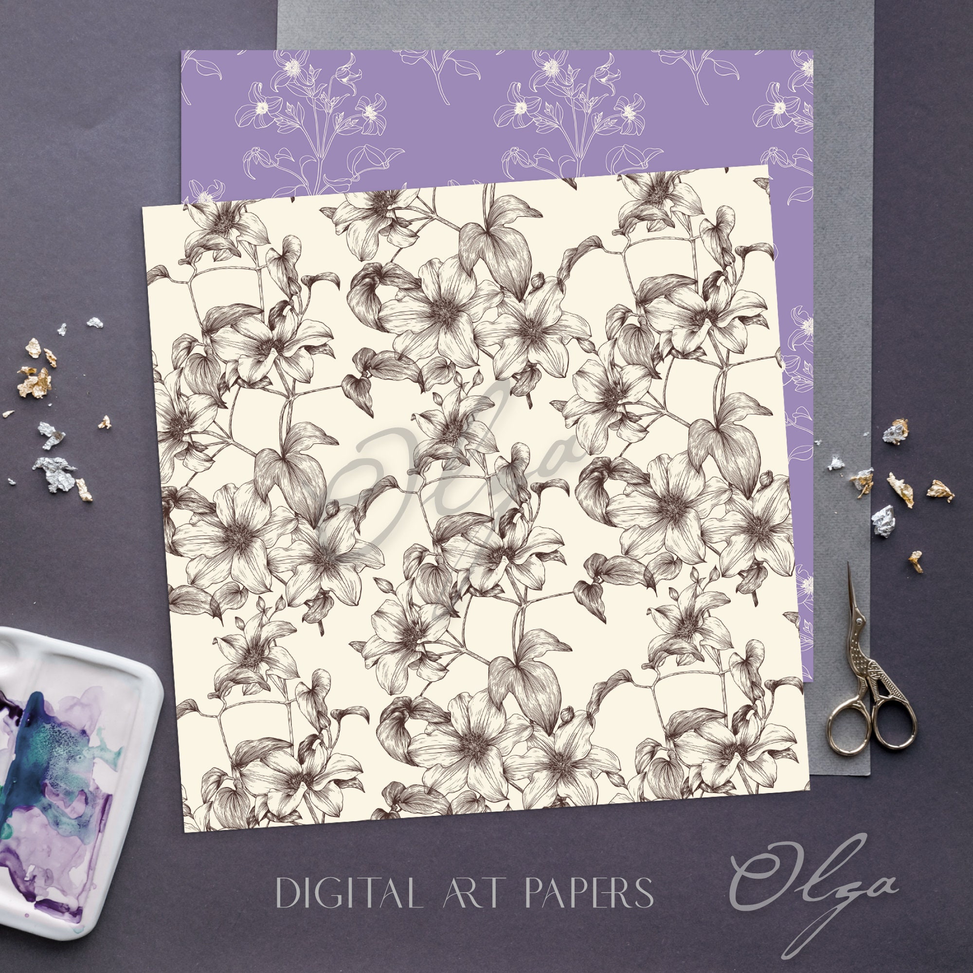 Vintage Clematis Floral Digital Paper: Purple & Beige Scrapbook ...
