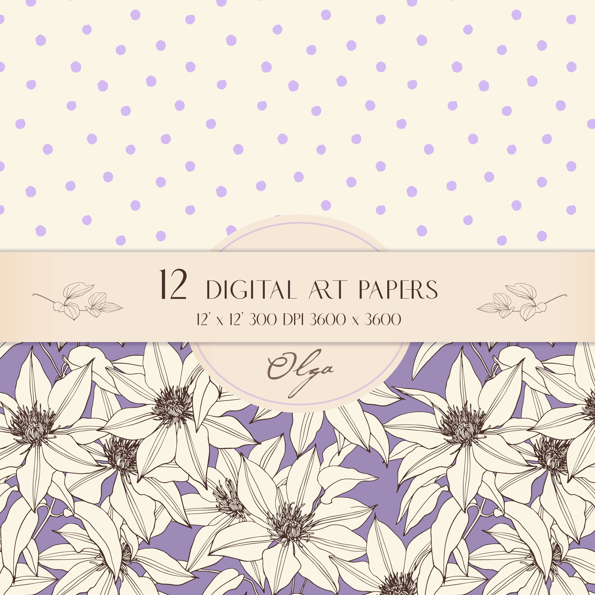 Vintage Clematis Floral Digital Paper: Purple & Beige Scrapbook ...
