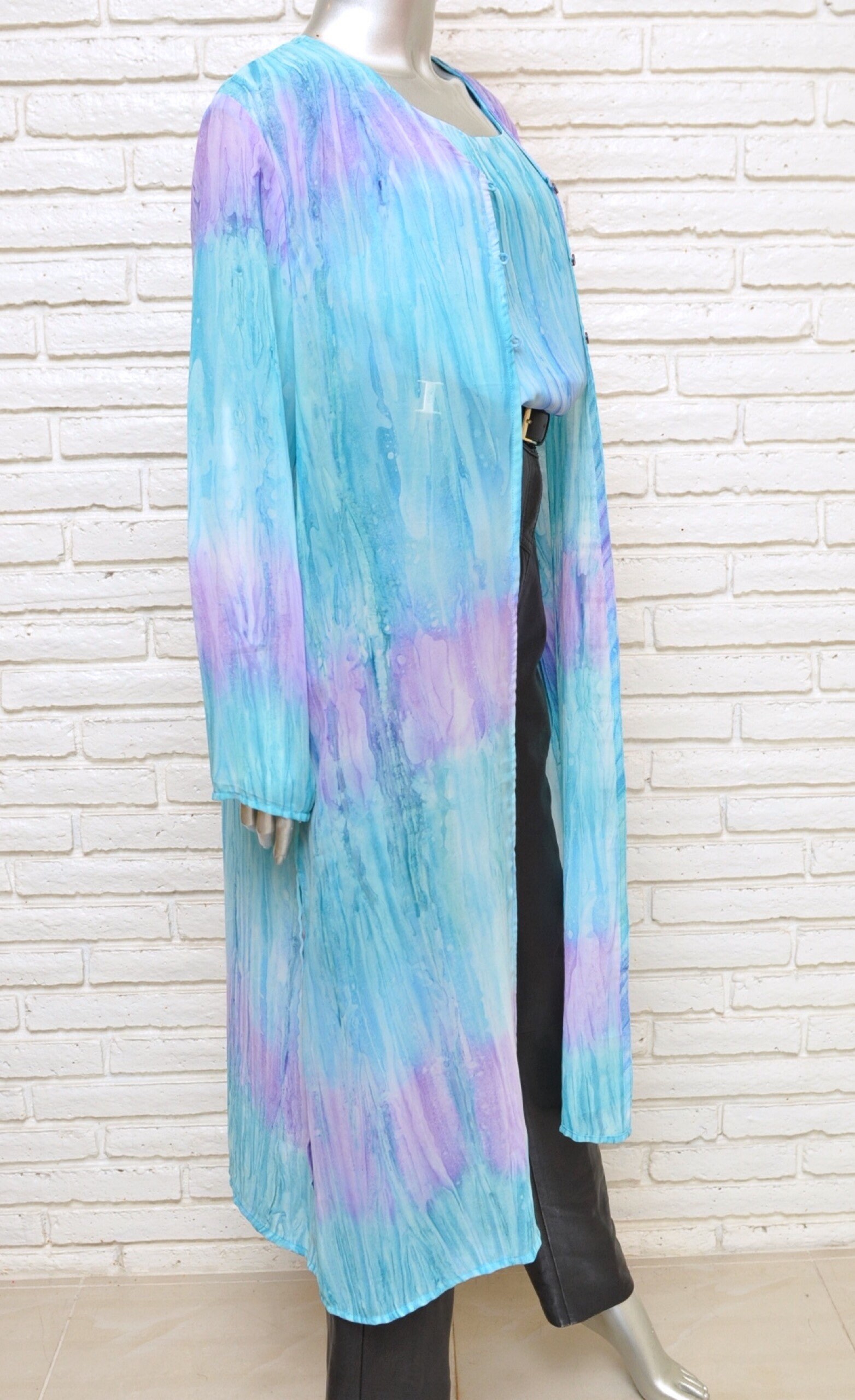 Vintage Duster and Blouse Set Blue and Purple Watercolor Long Sheer ...
