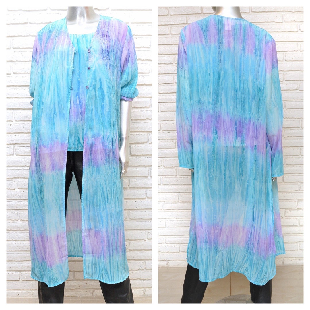 Vintage Duster and Blouse Set Blue and Purple Watercolor Long Sheer ...