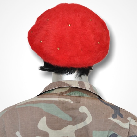 Vintage Red Angora Tam Beret Hat with Gold Studs - Gem