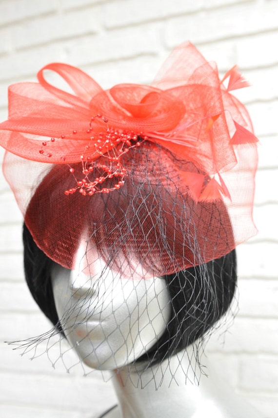 Vintage Red Fascinator Hat with feathers - Gem